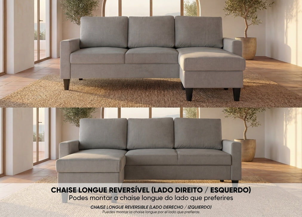 Sofá Chaise Longue BUDWING Fox Cinza Claro - 3 Lugares - 198.5x103x84.5 ...