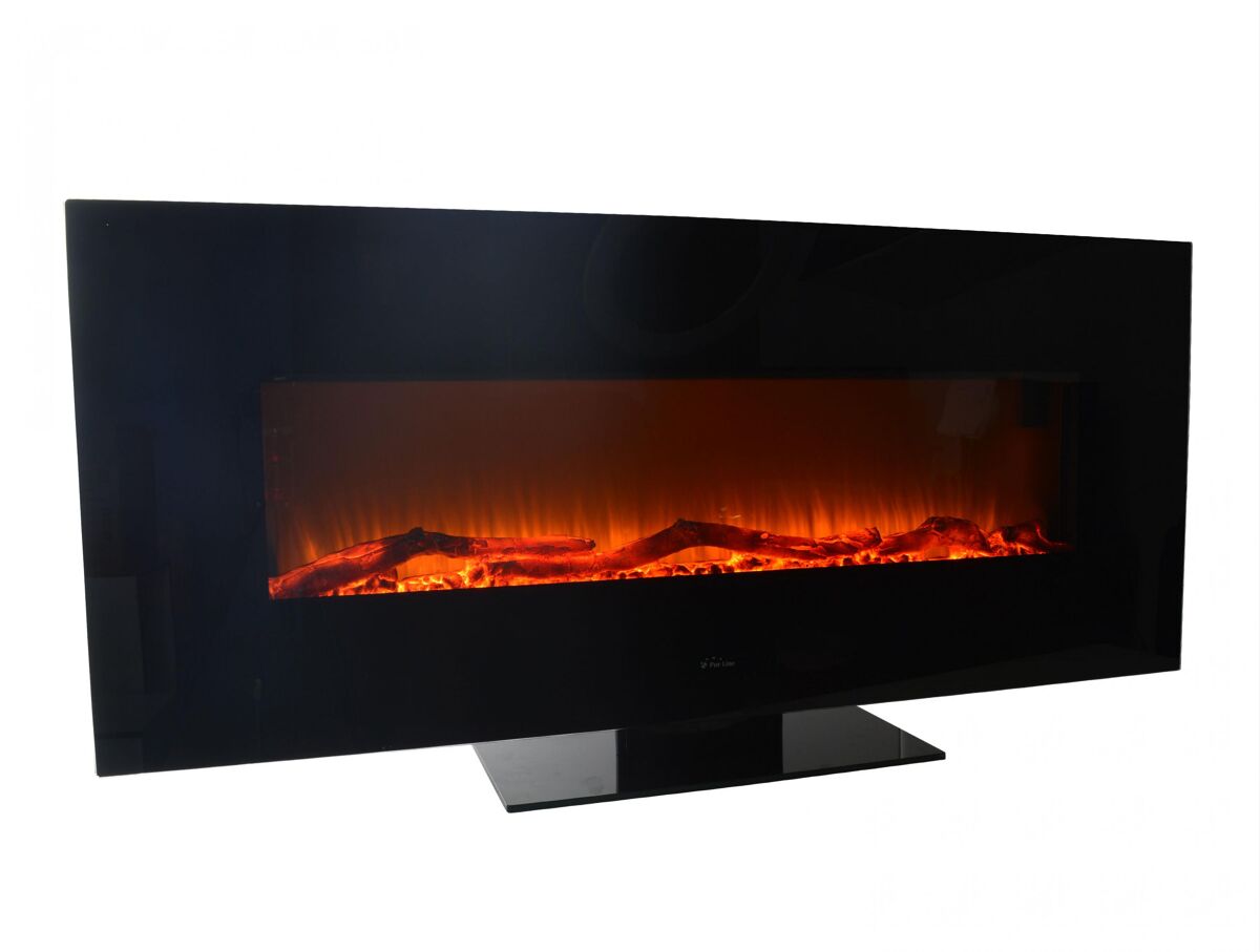 Lareira eléctrica panorâmica em vidro temperado, cor preta. Com efeito ...