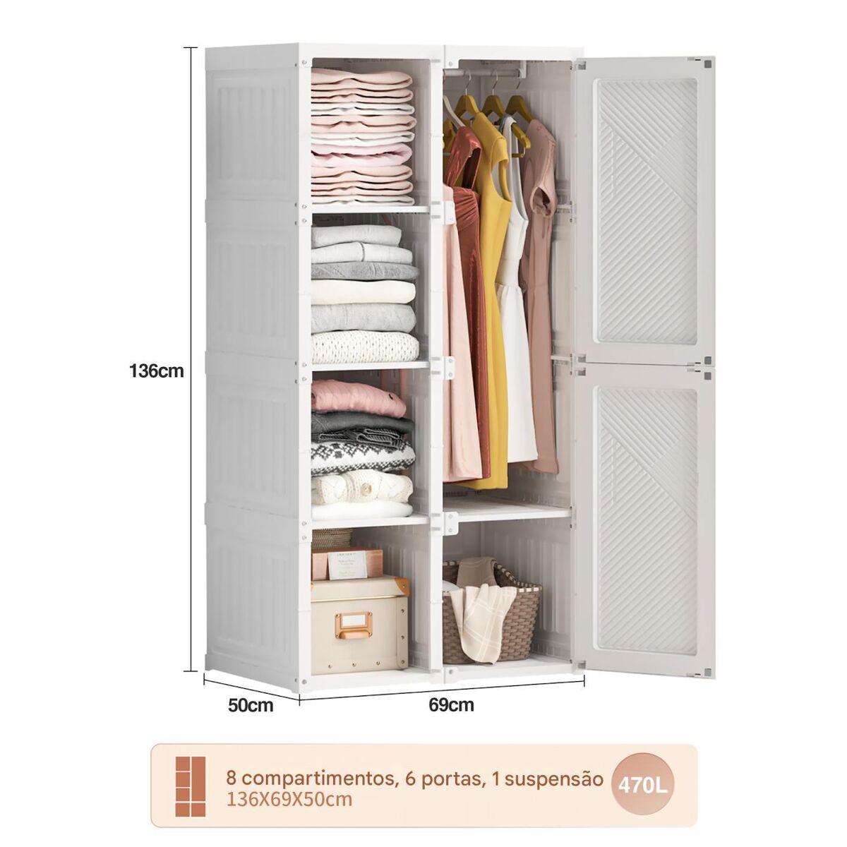 Guarda-roupa Dobrável em PP com 6 Portas, 5 Compartimentos e 1 Varão ...